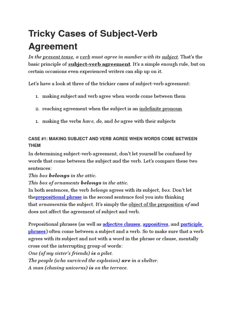 Tricky Cases of Subject-Verb Agreement | PDF | Verb | Subject (Grammar)
