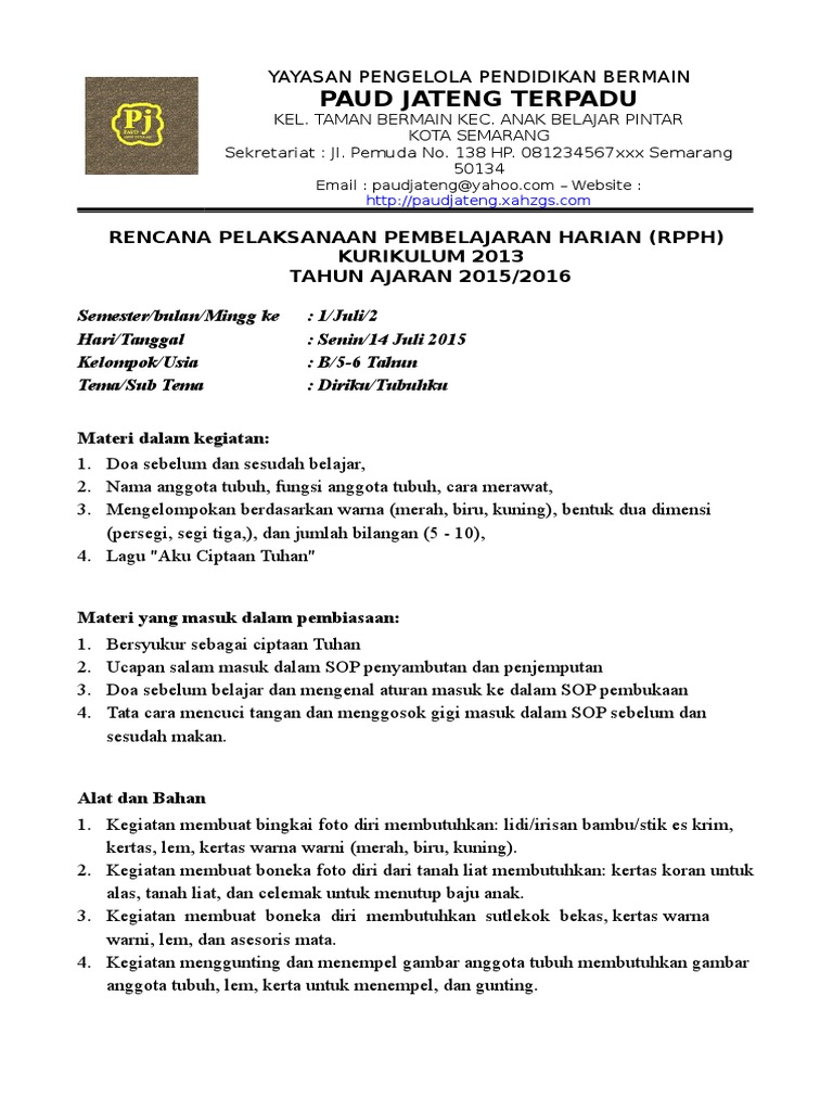 1 RPPH Paud Tema Diri Sendiri Kurikulum 2013 | PDF | Kesehatan Holistik