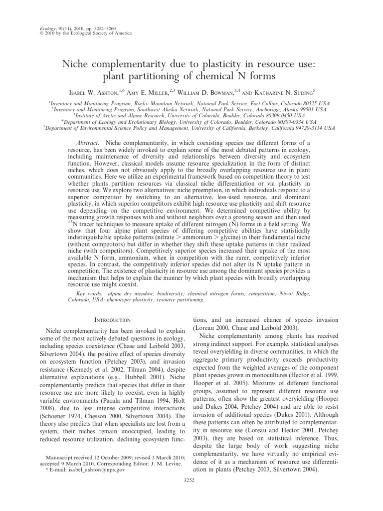 Niche Complementarity Due To Plasticity in Resource Use: Plant ...
