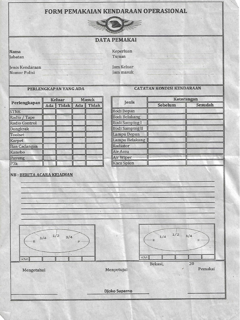 Form Pemakaian Kendaraan Operasional | PDF