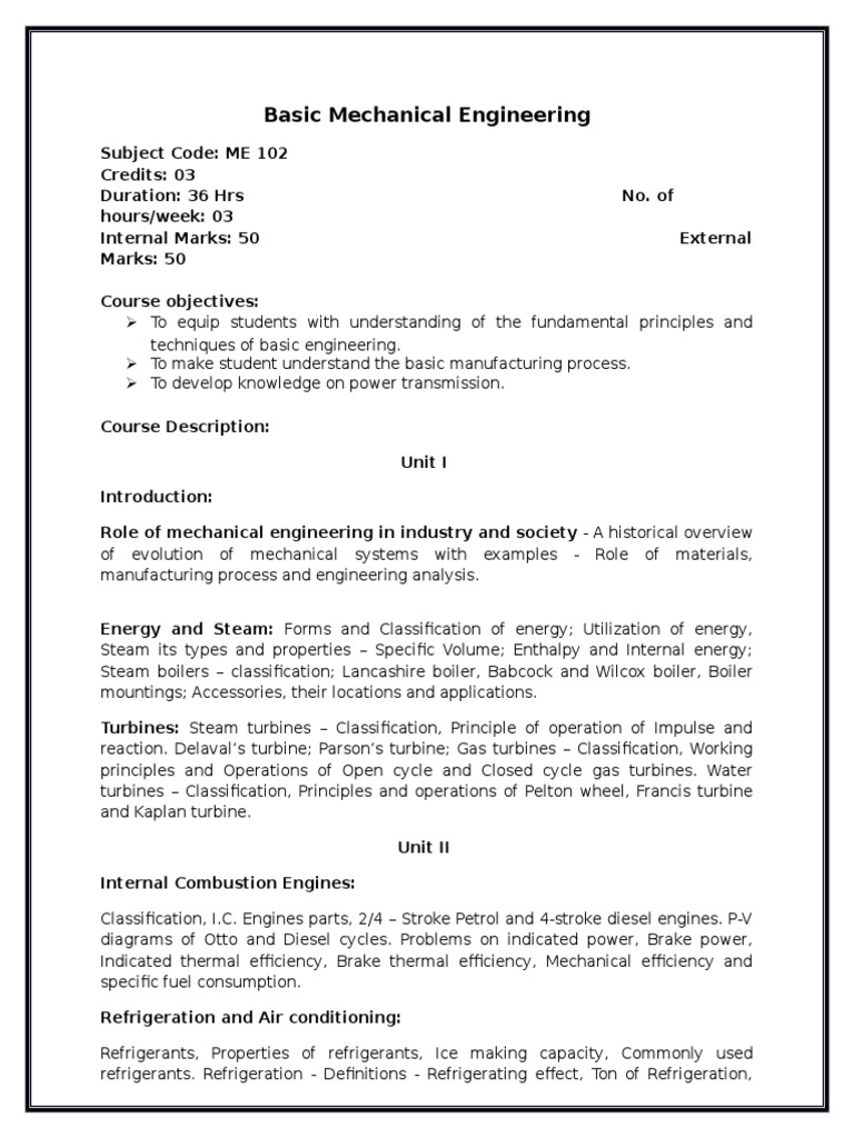 Basic Mechanical Engineering Syllabus | PDF | Gas Turbine | Steam