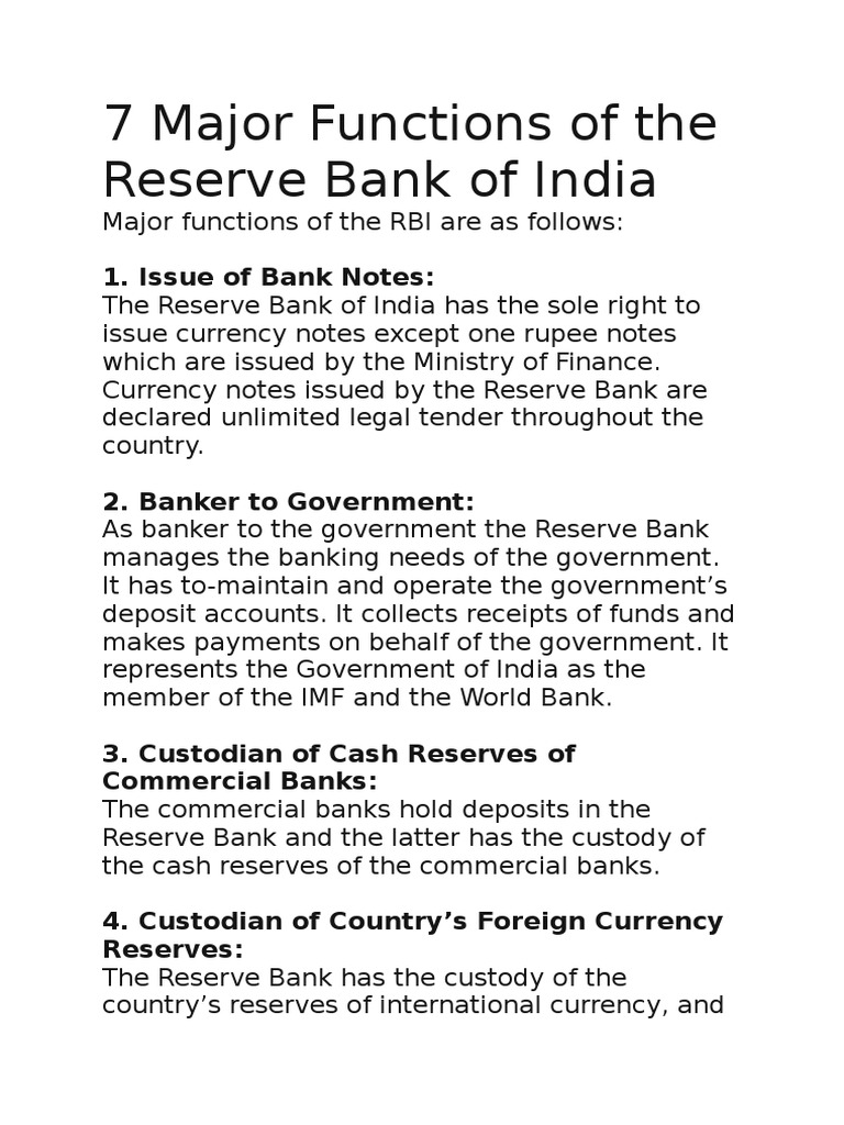 7 Major Functions of The Reserve Bank of India | PDF | Law
