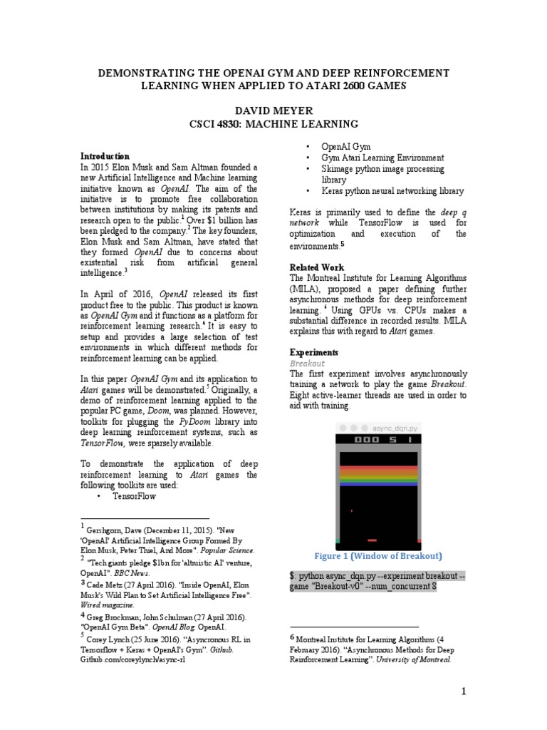 Demonstrating The Openai Gym And Deep Reinforcement Learning When Applied To Atari 2600 Games 