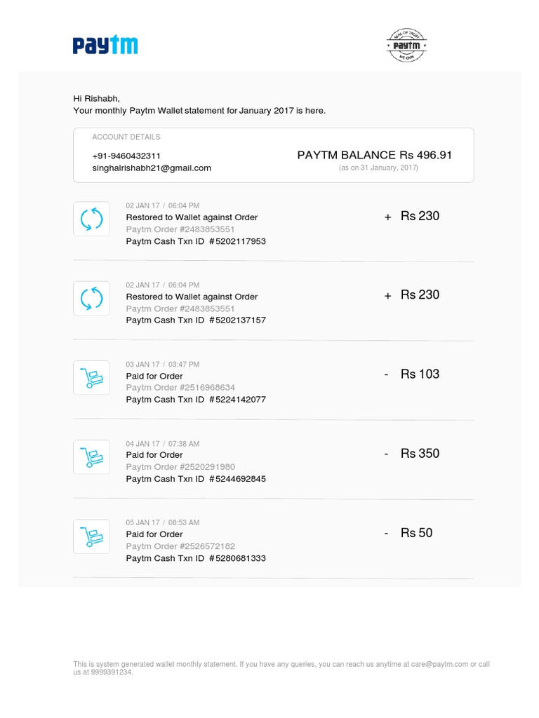Paytm Statement Jan2017 9460432311 | PDF | Applications Of Cryptography ...