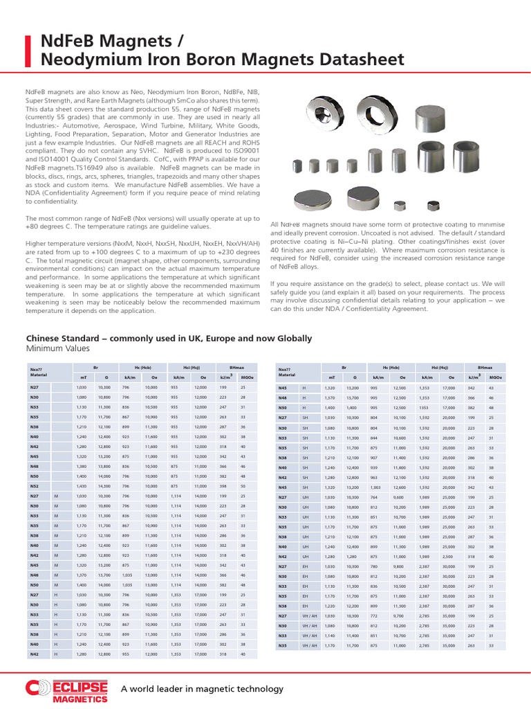 Ndfeb Neodymium Iron Boron-Standard Ndfeb Range Datasheet Rev1 PDF ...