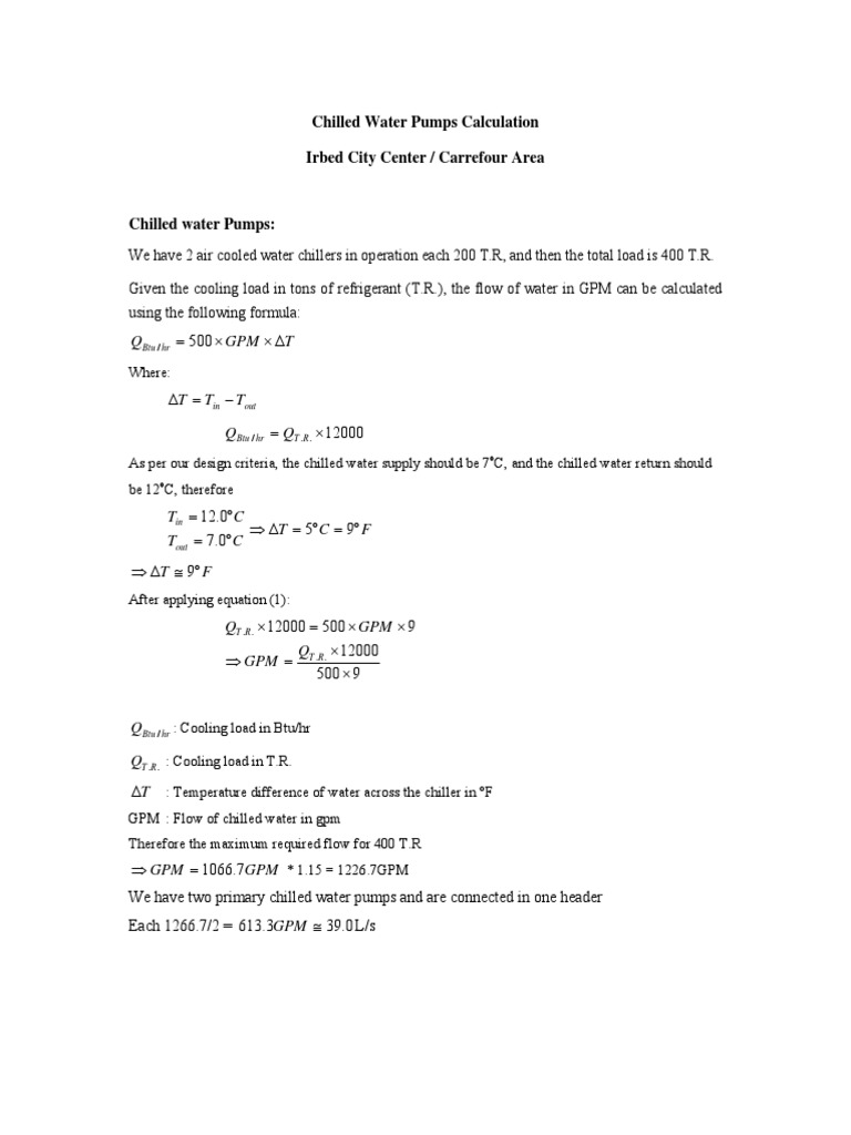 Chilled Water Pumps Calculations | PDF | Pump | Gas Technologies