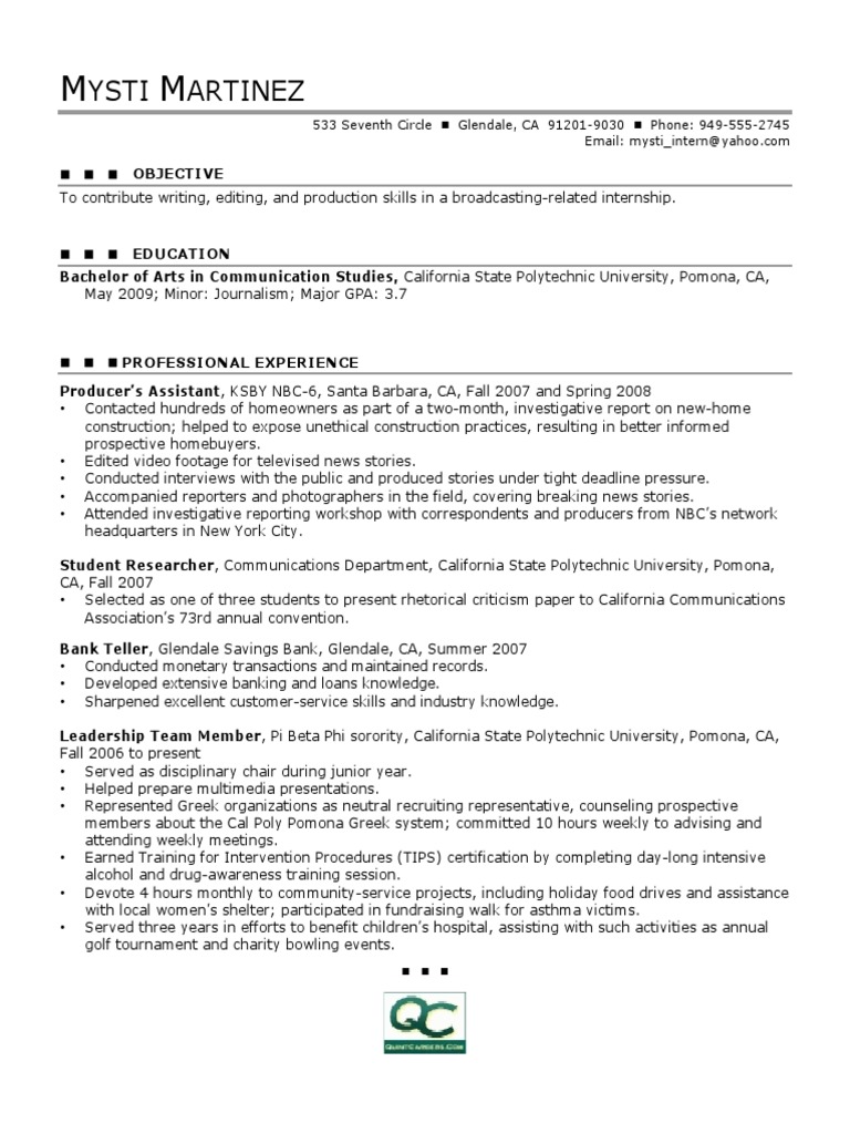 Sample Broadcasting Internship Resume | PDF | Fraternities And ...