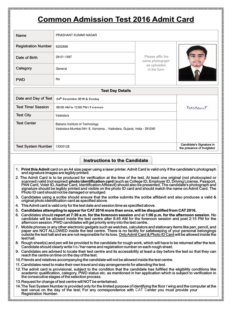 Common Admission Test 2016 Admit Card: Instructions To The Candidate ...