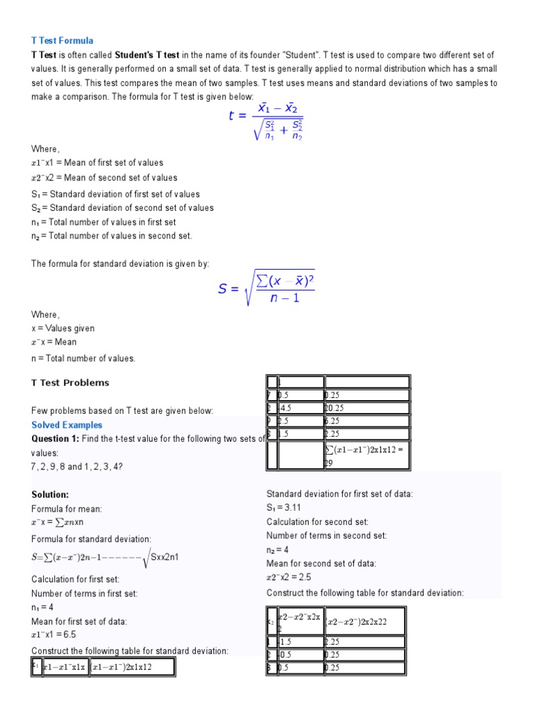 T Test Formula | PDF | Student's T Test | Standard Deviation