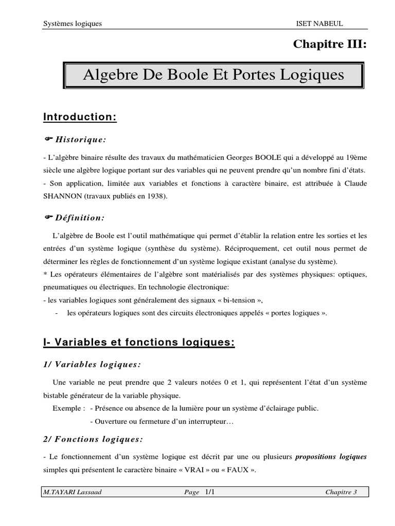 Algebre de Boole Et Portes Logiques PDF | PDF | Fonction logique ...