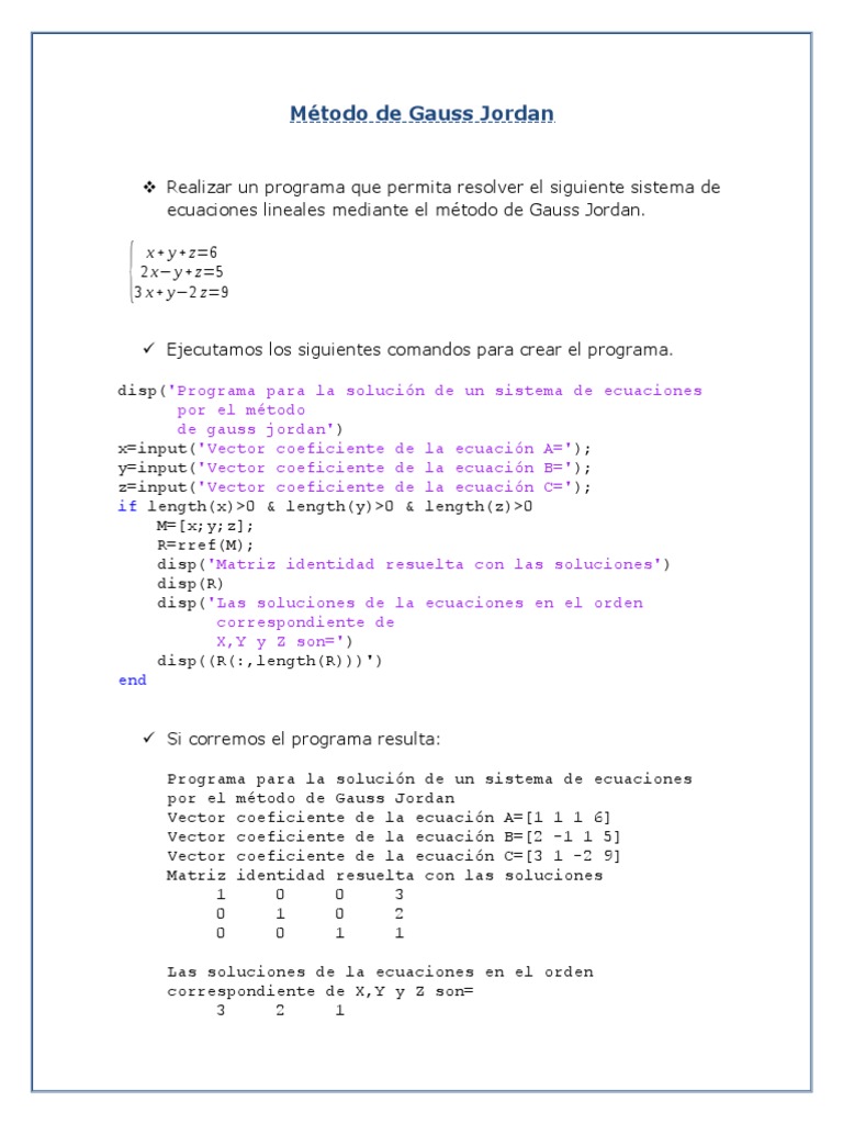 Gauss Jordan en Matlab | PDF | Ecuaciones | Álgebra