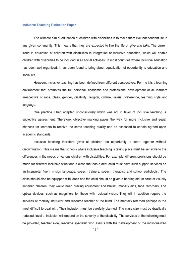 Inclusive Teaching Reflection Paper | PDF | Inclusion (Education ...