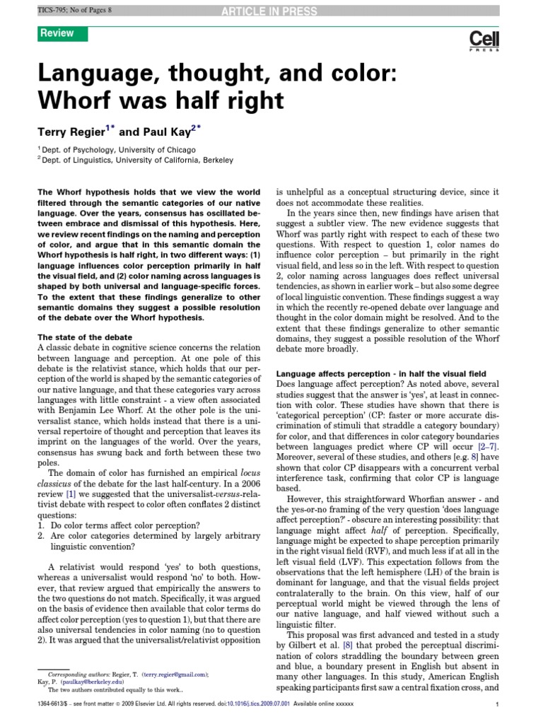 Language, Thought, and Color: Whorf Was Half Right: Terry Regier and ...