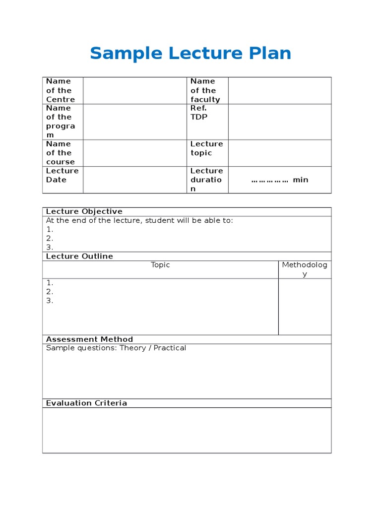 Sample Lecture Plan: Name of The Centre Name of The Faculty Name of The ...