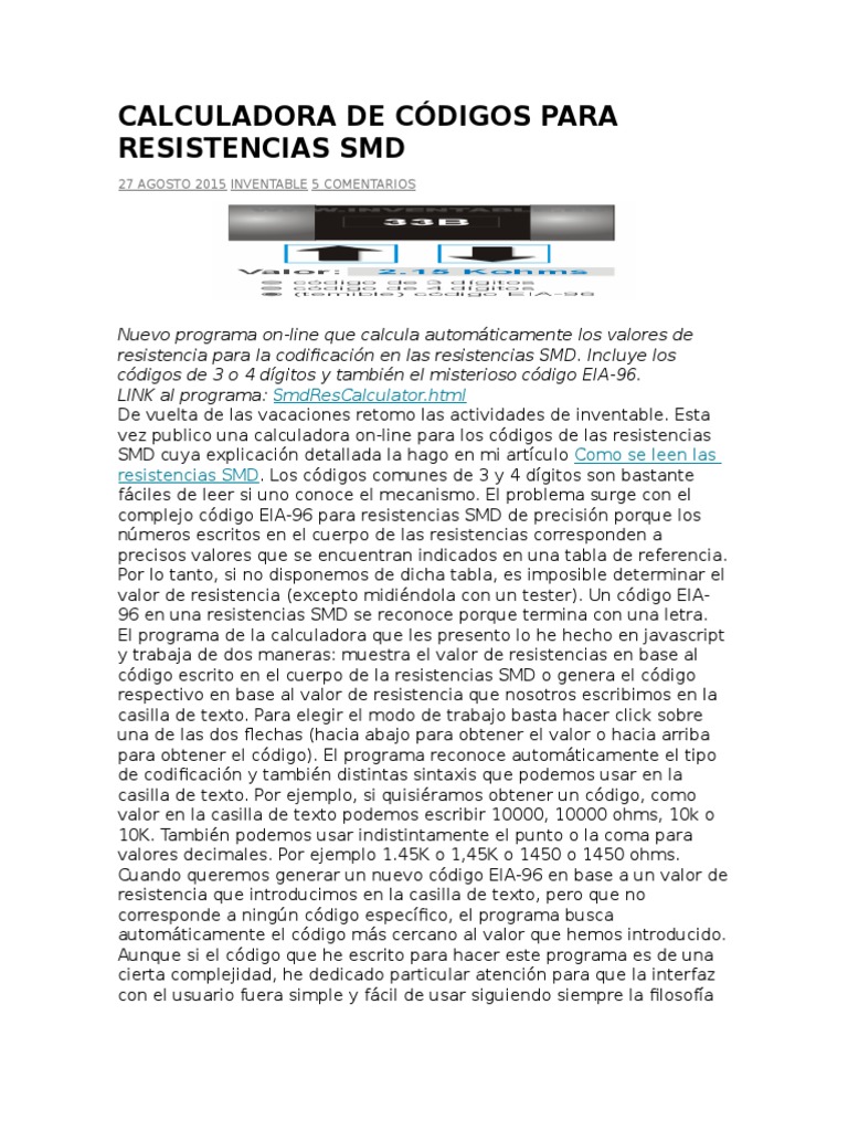 Calculadora de Códigos para Resistencias SMD | PDF | Calculadora | Resistor