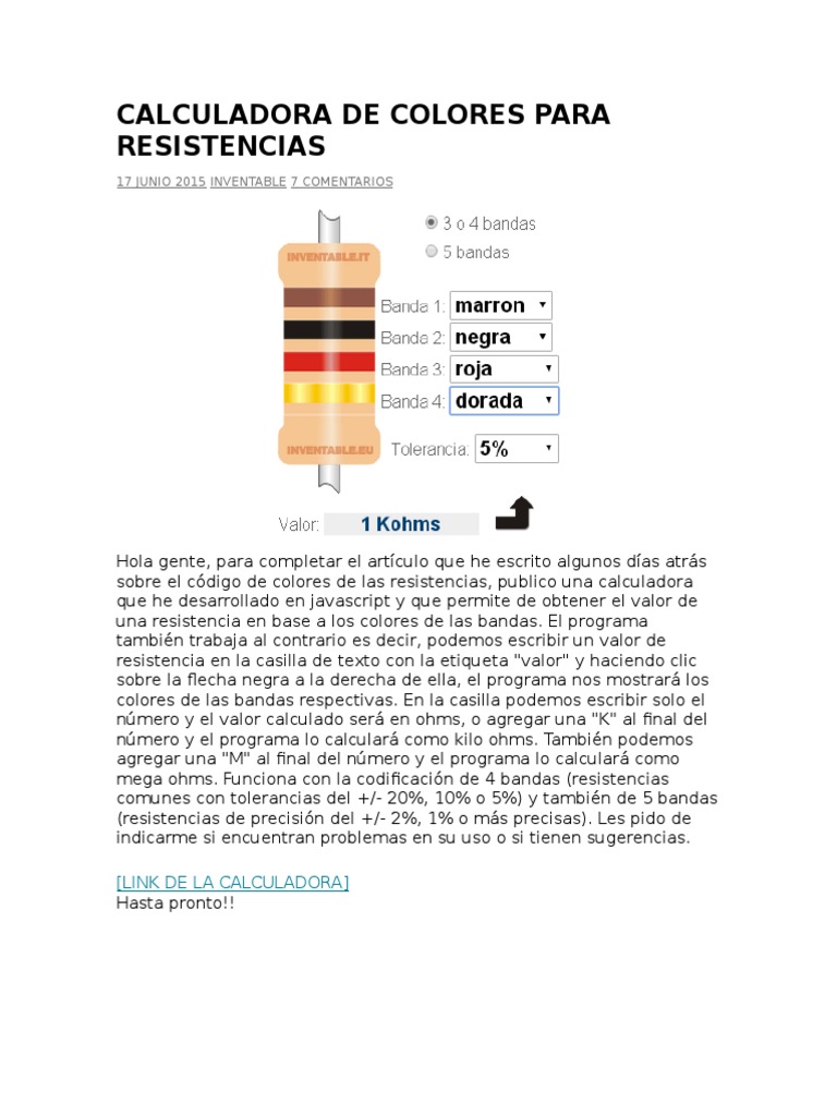 Calculadora de Colores para Resistencias | PDF | Calculadora | Resistor