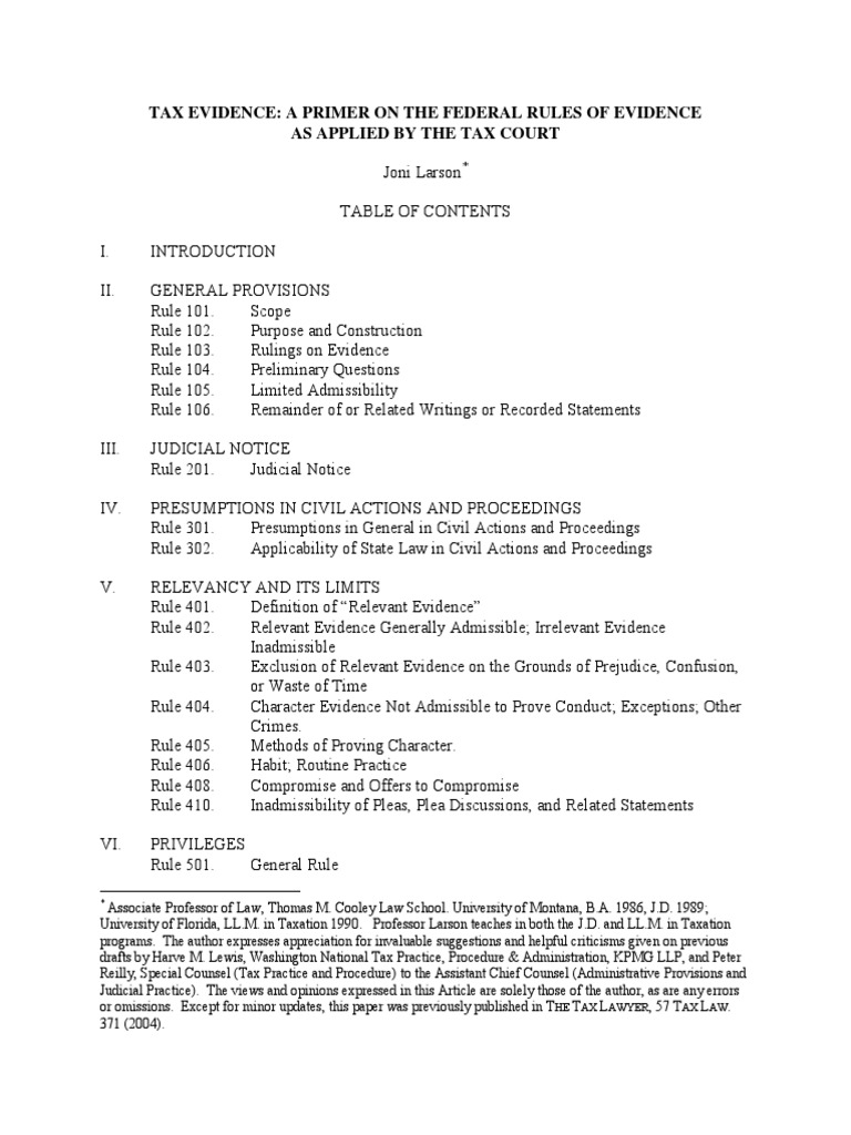 Tax Court Evidence Primer Larson | PDF | Evidence (Law) | United States ...