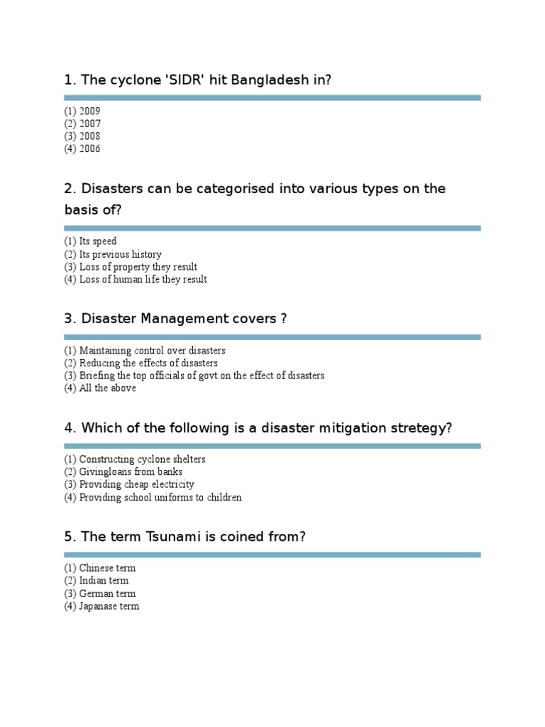 Disaster Management Quiz Questions | PDF | Emergency Management | Tsunami
