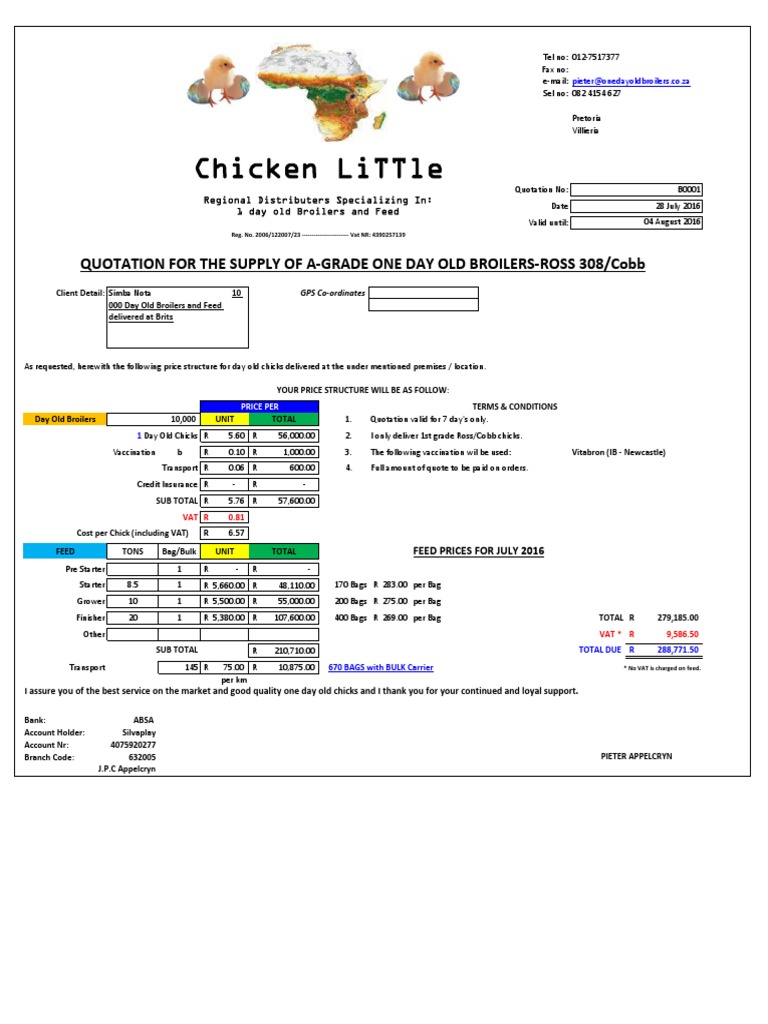 Chicken Little: Quotation For The Supply of A-Grade One Day Old ...