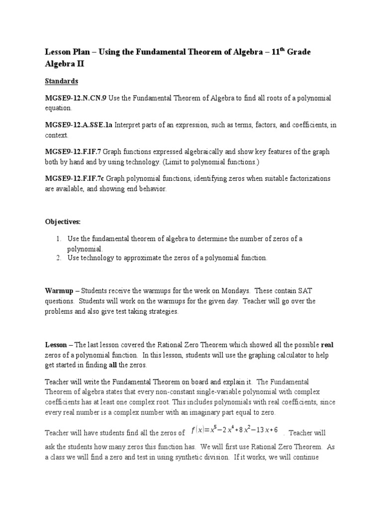 Lesson Plan - Fundamental Theorem | PDF | Polynomial | Zero Of A Function