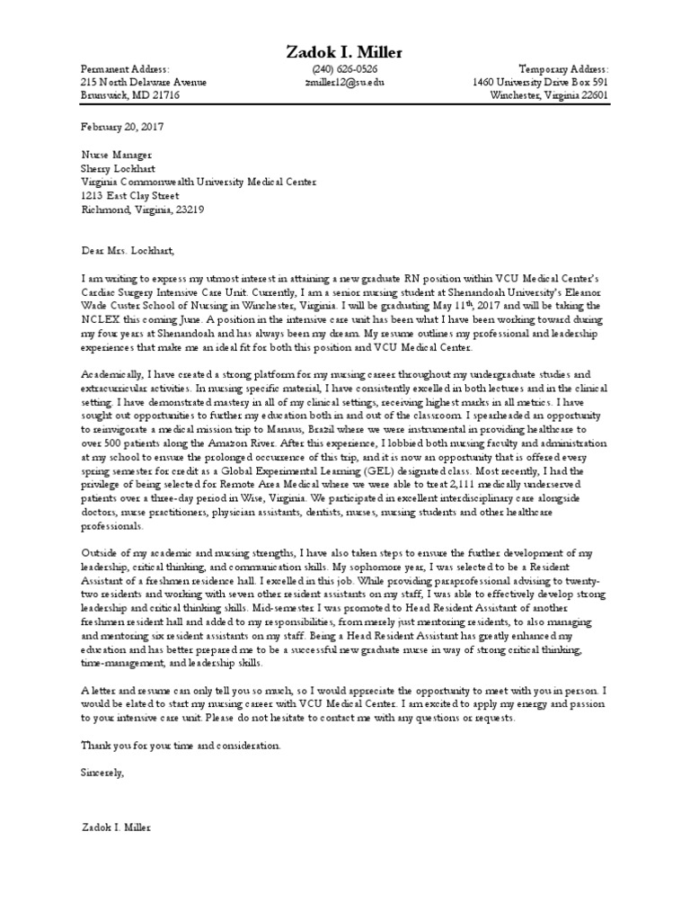 Vcu Cover Letter | PDF | Nursing | Physician