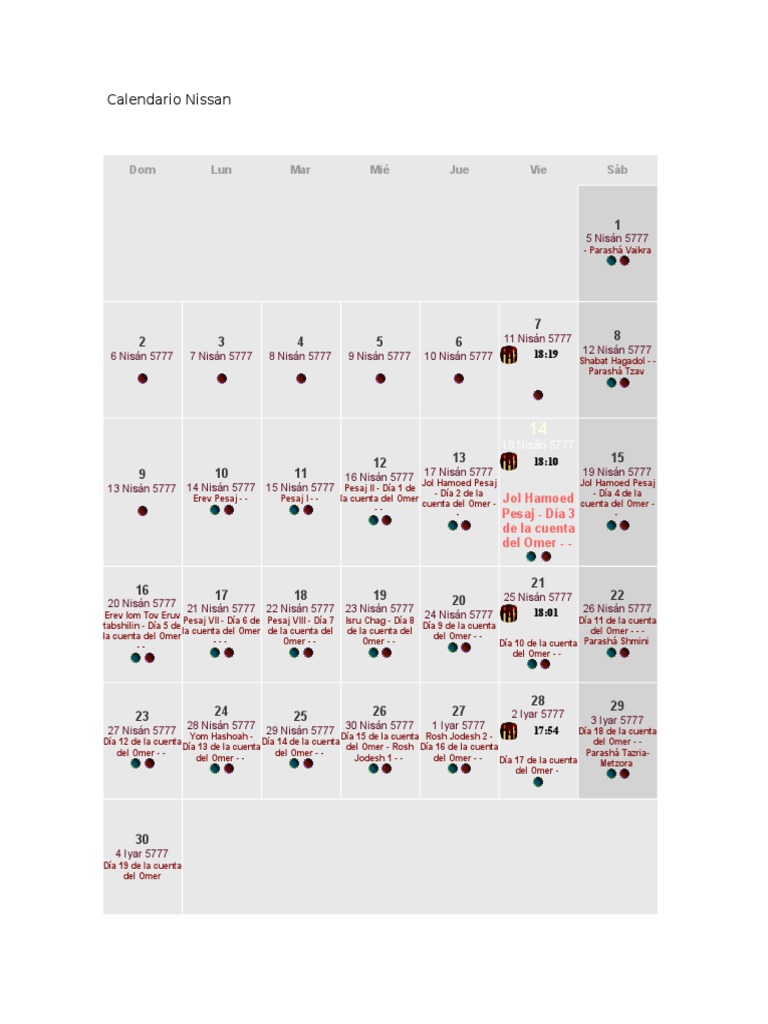 Calendario Nissan | Descargar gratis PDF | Ley judía y rituales | Sábado
