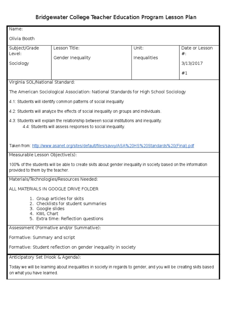 day 1 gender inequality lesson plan | Lesson Plan | Gender Inequality