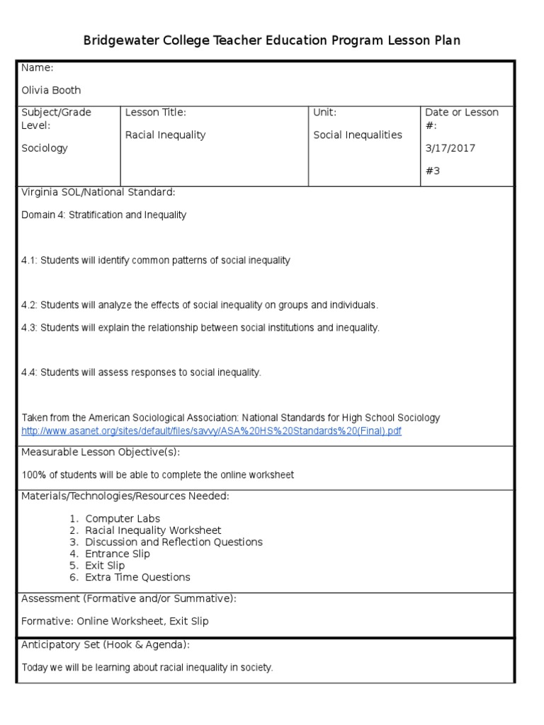 day 3 racial inequality lesson plan | Lesson Plan | Social Inequality