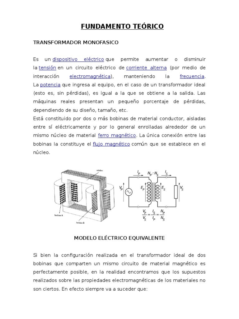 FUNDAMENTO TEÓRICO de Transformador Monofasico | PDF | Inductor | Transformador