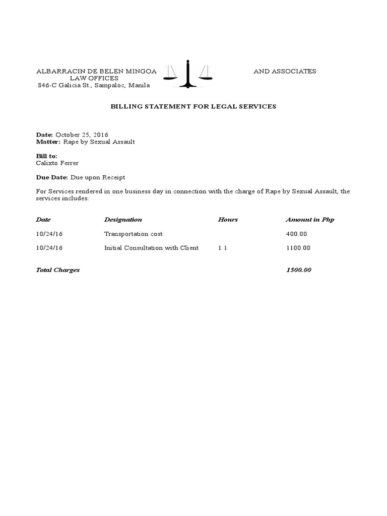 Billing Statement For Legal Services: Date Designation Hours Amount in ...