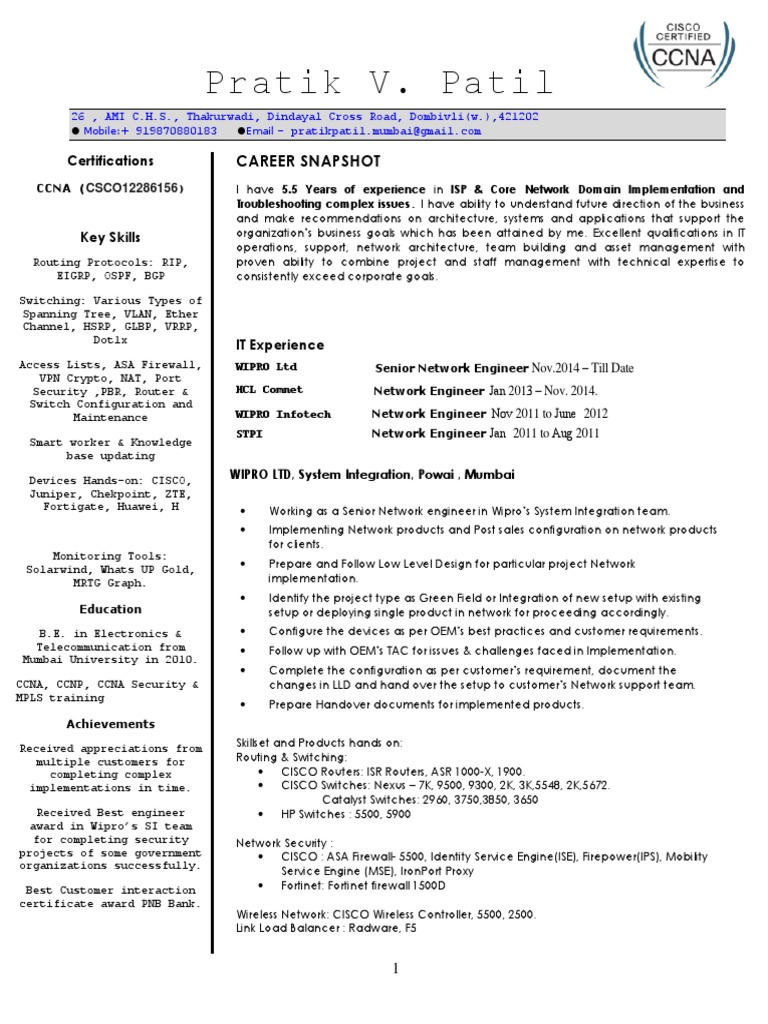 Pratik Patil Resume | PDF | Cisco Certifications | Computer Network
