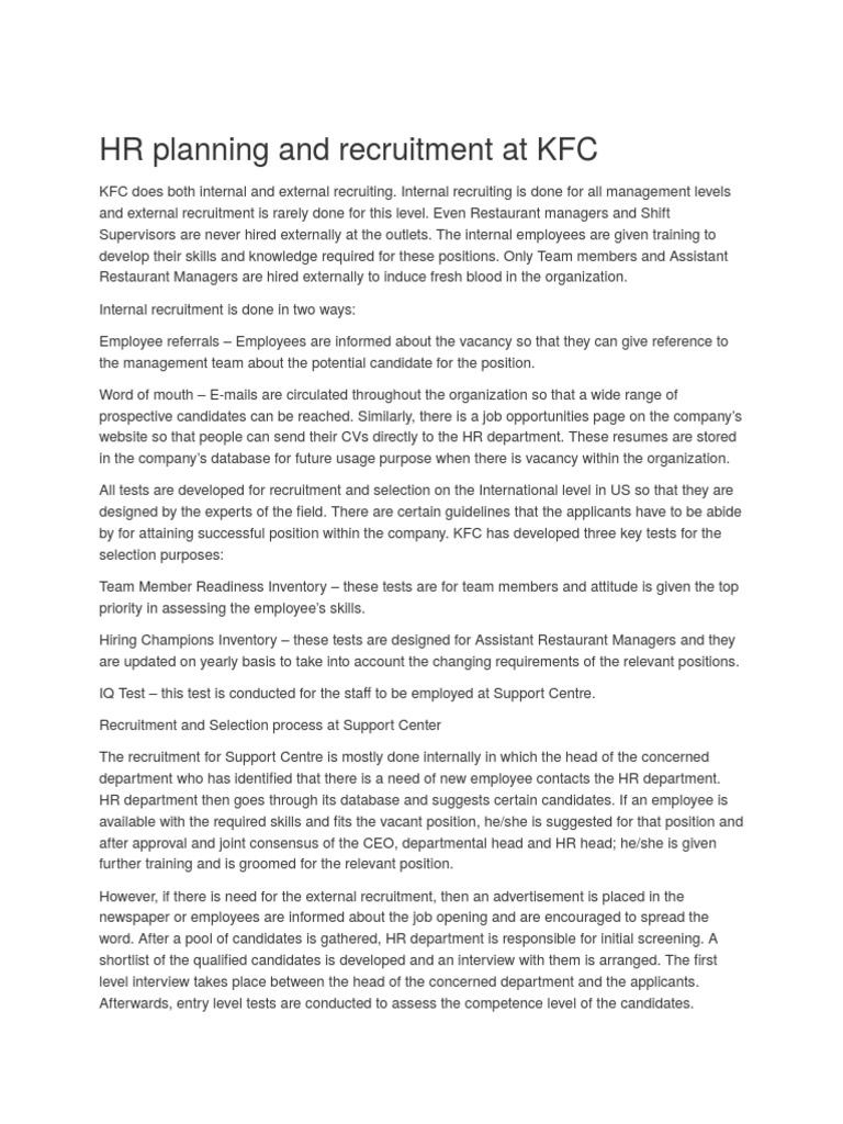HR Planning and Recruitment at KFC | PDF | Recruitment | Employment