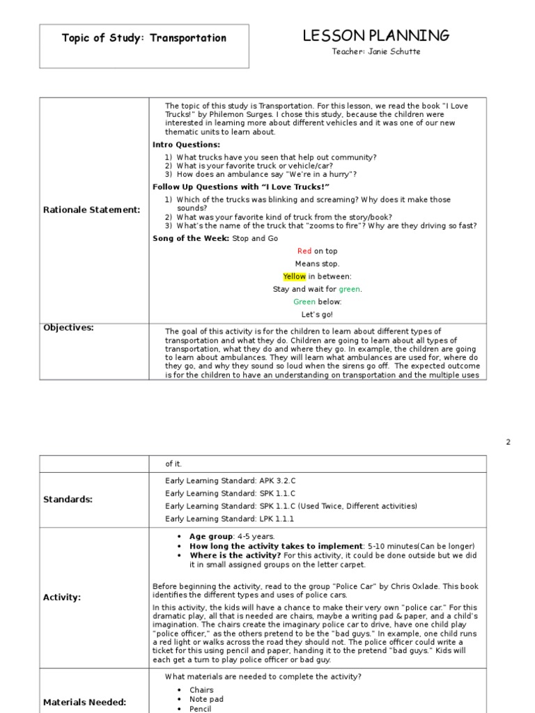 Lesson Plan Transportation Janie Schutte | PDF | Imagination | Thought