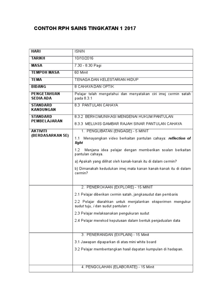 Contoh RPH Sains t1 | PDF