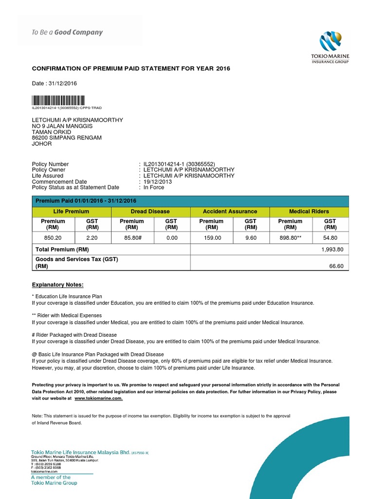 Confirmation of Premium Paid Statement For Year 2016: IL2013014214-1 ...