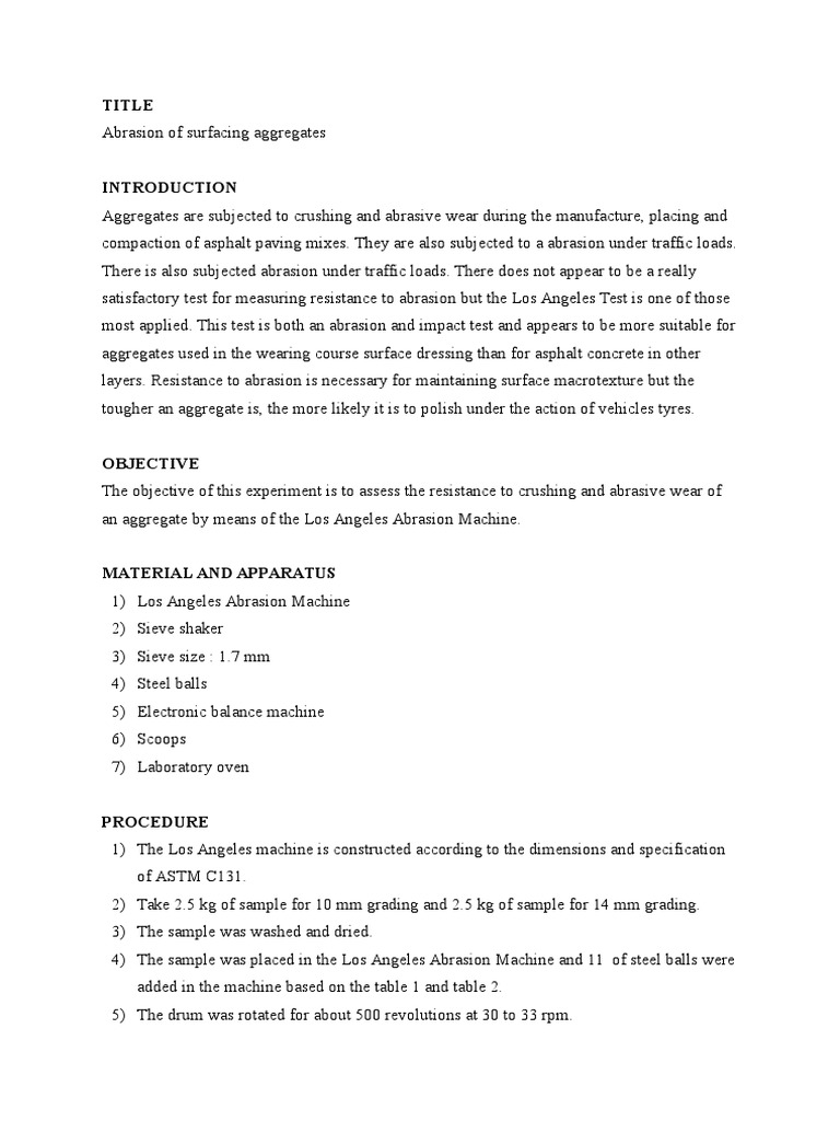 Abrasion of Surfacing Aggregates LAB | PDF | Wear | Construction Aggregate