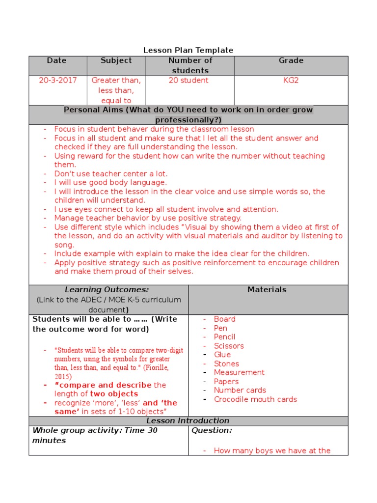 Lesson Plan 4 Greater Thanless Than Equal To | PDF | Lesson Plan ...