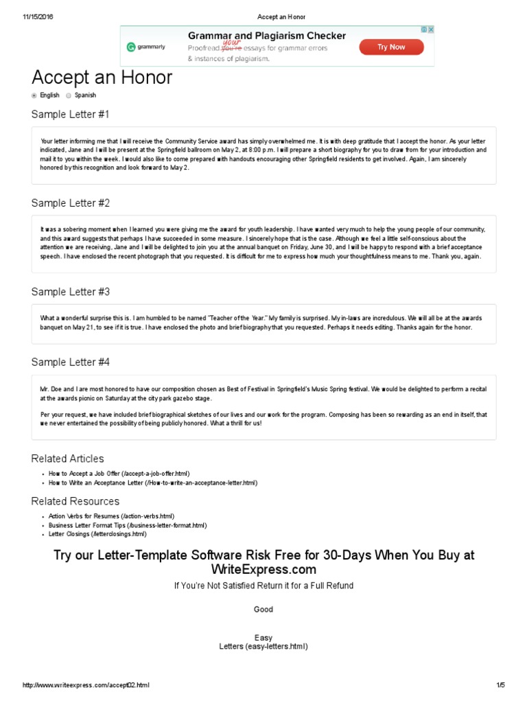 Accept An Honor: Sample Letter #1 | PDF | Computing | Computing And ...