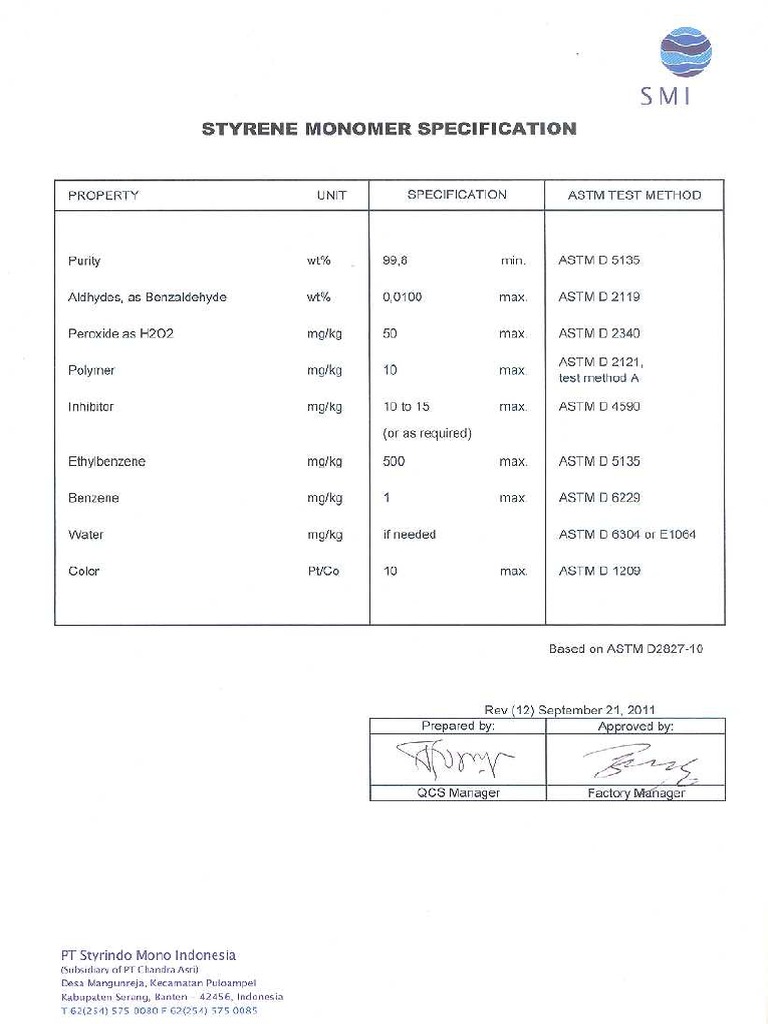 Styrene Monomer Specification | PDF