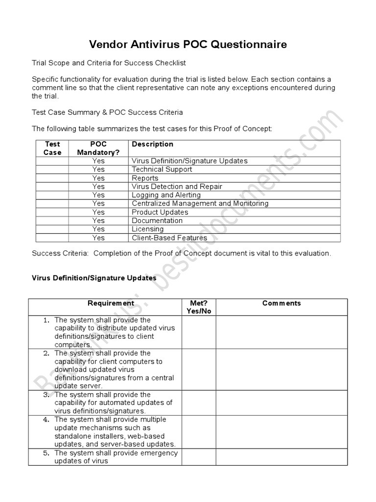 Vendor Antivirus POC Questionnaire: Test Case POC Mandatory ...