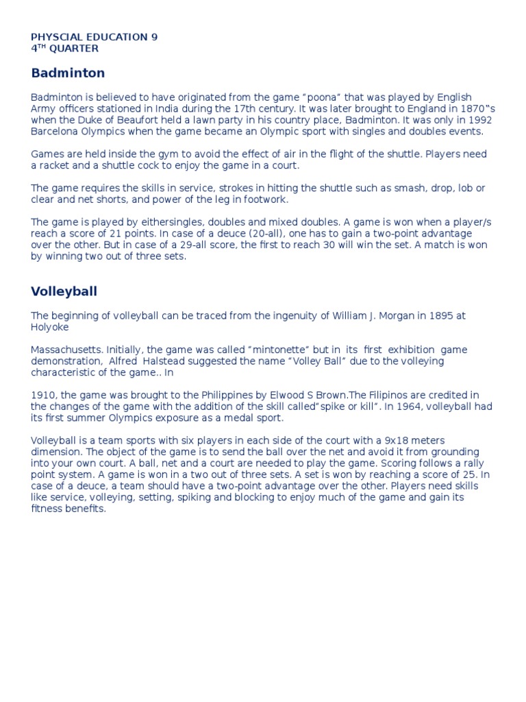 Badminton and Volleyball Overview | PDF