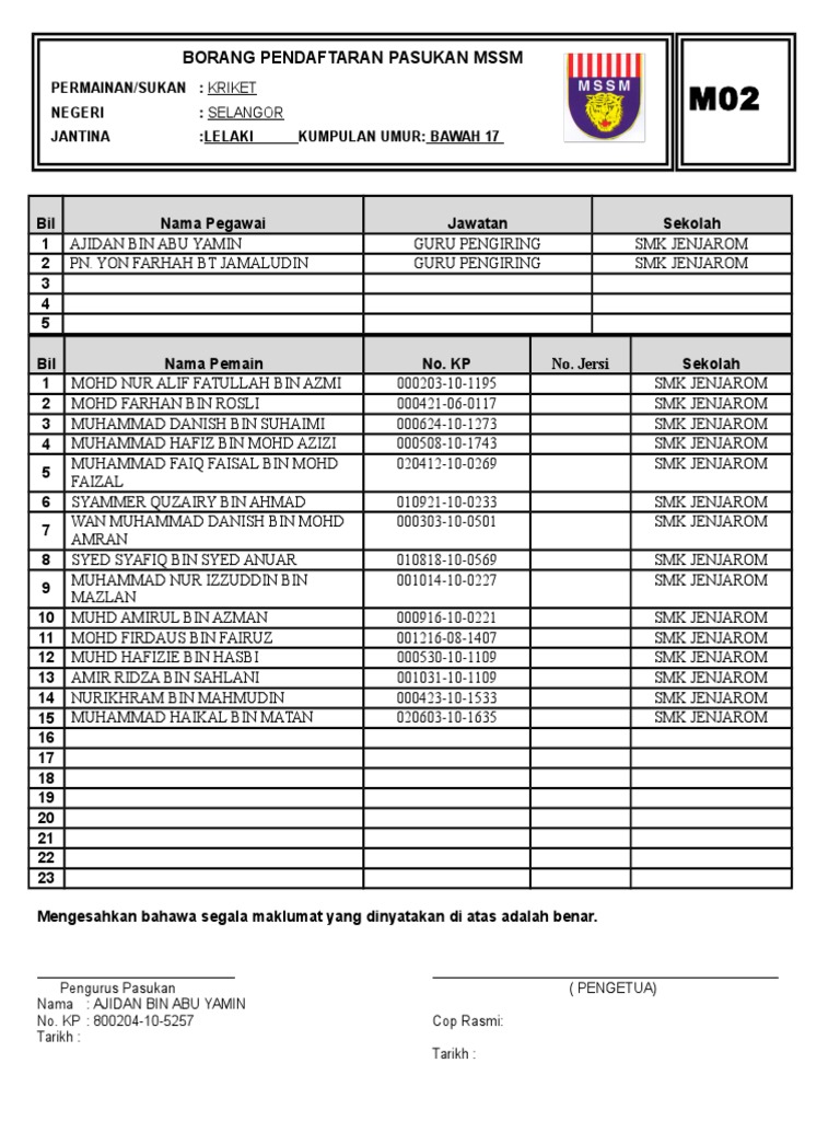 Borang Pendaftaran M02 SMKJ | PDF