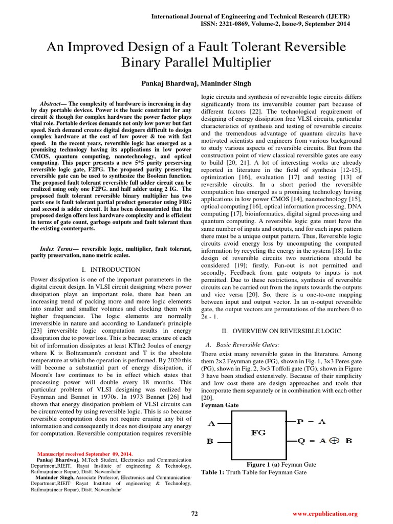 An Improved Design of A Fault Tolerant Reversible Binary Parallel Multiplier | PDF | Logic Gate ...