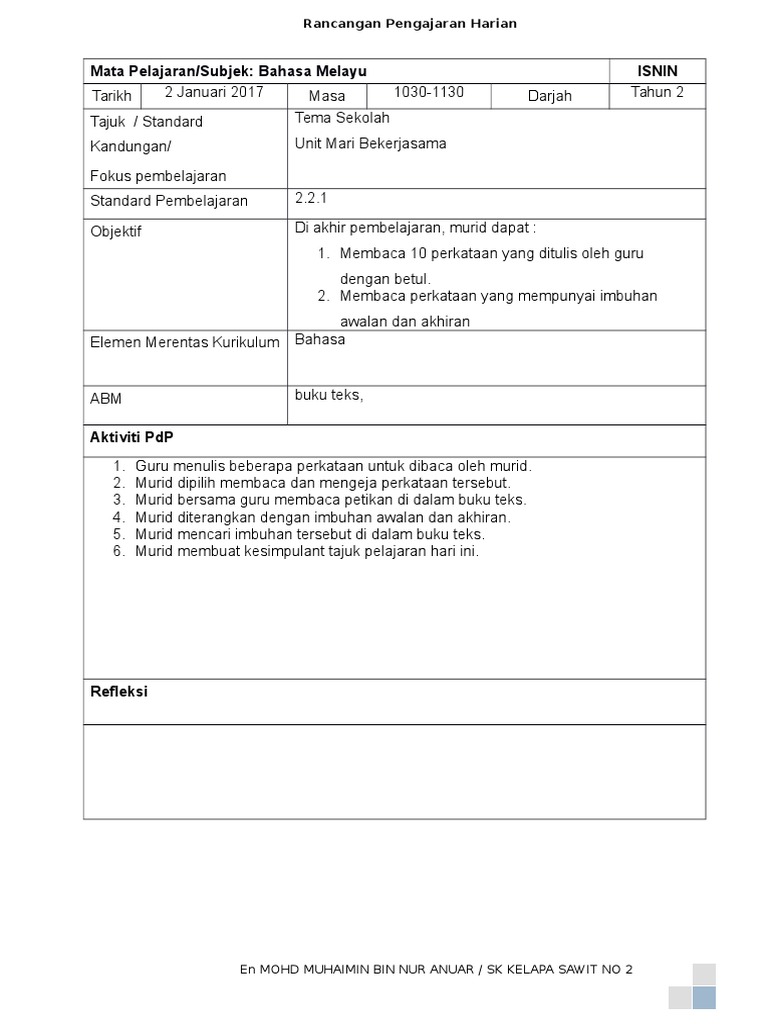 RPH BM Tahun 2 Minggu 1 | PDF | Karier & Perkembangan