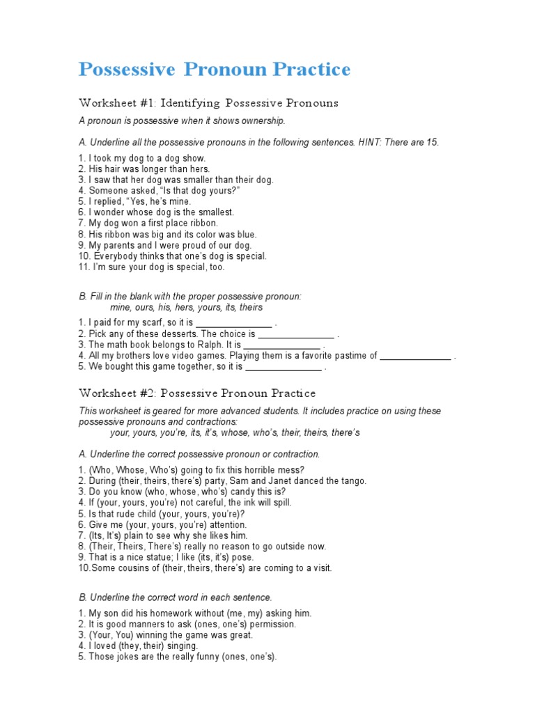 Possessive Pronoun Practice: Worksheet #1: Identifying Possessive ...