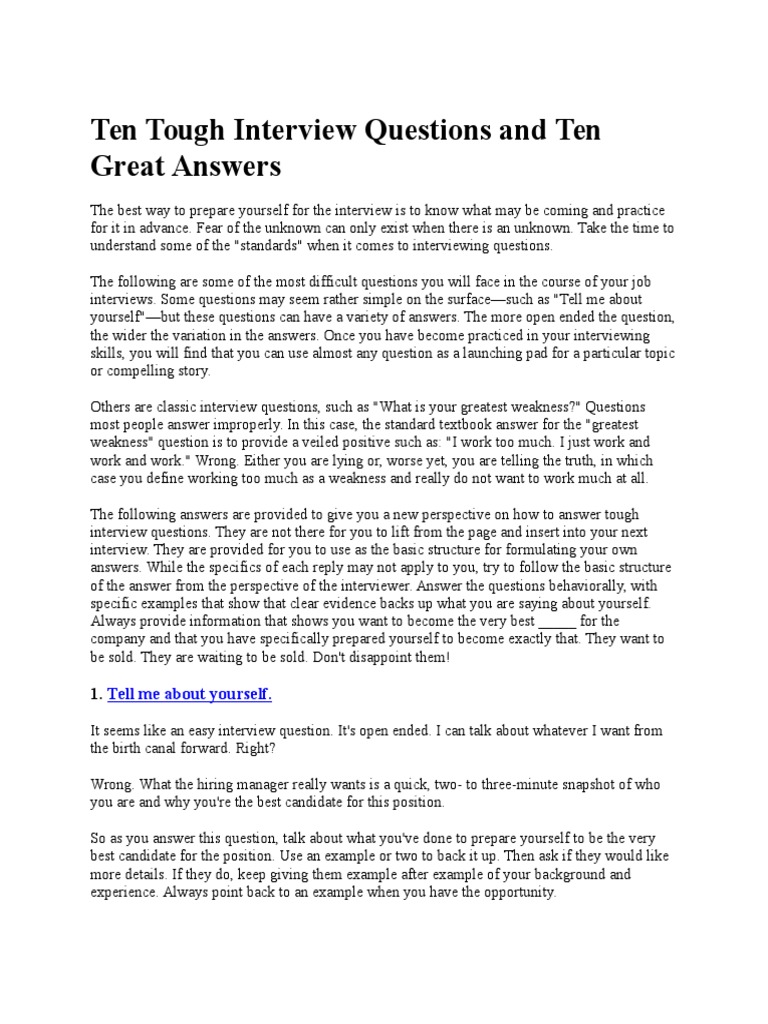 Ten Tough Interview Questions and Ten Great Answers | PDF | Competence ...