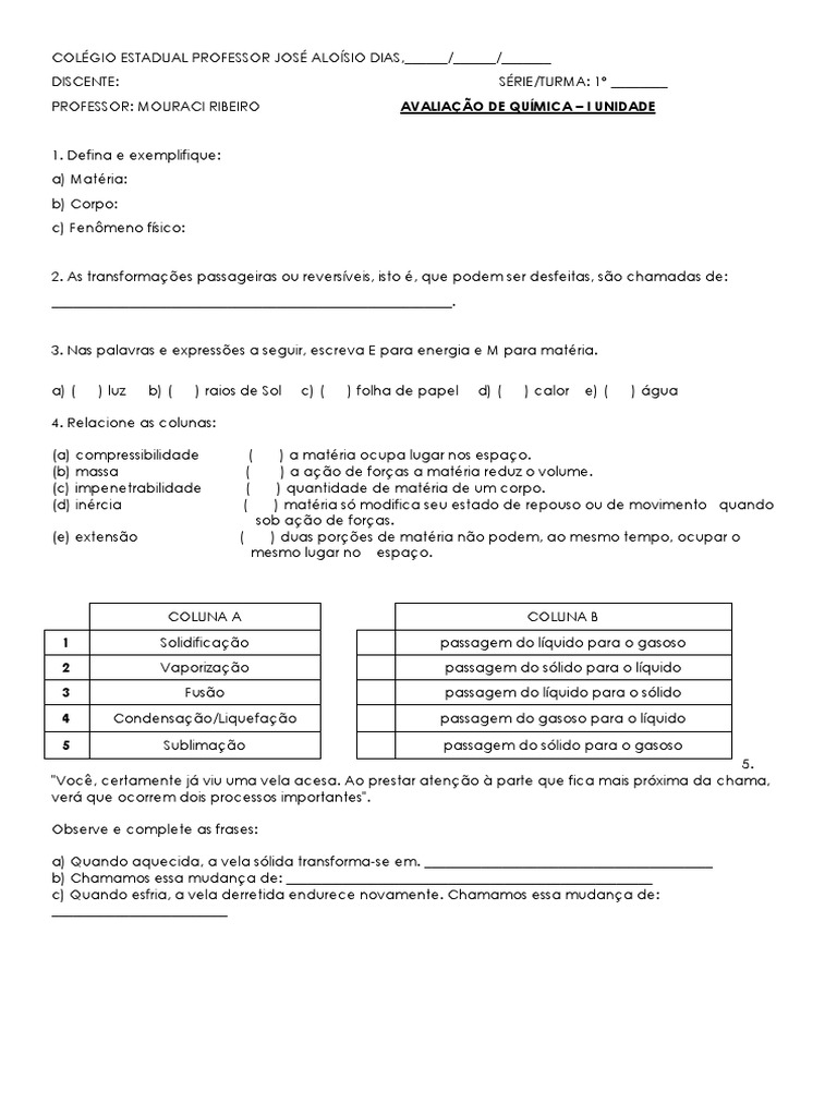 Avaliação De Química 1º Ano Tipoi Pdf Matéria Mistura