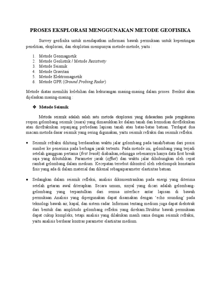 Macam-Macam Metode Geofisika Dan Kelebihan Dan Kekurangannya Dalam Eksplorasi Bawah Permukaan | PDF