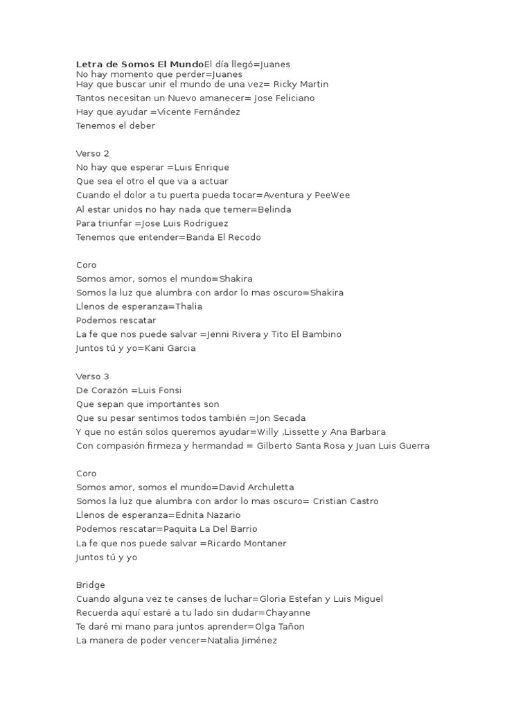 Letra de Somos El MundoEl Día Llegó | Amor | Música en español