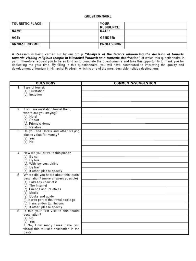 Questionnaire For Tourism Industry | PDF